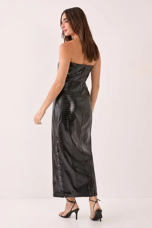 Nasty Gal Faux Leather Croc Bandeau Maxi Dress With Lace-up Detail
