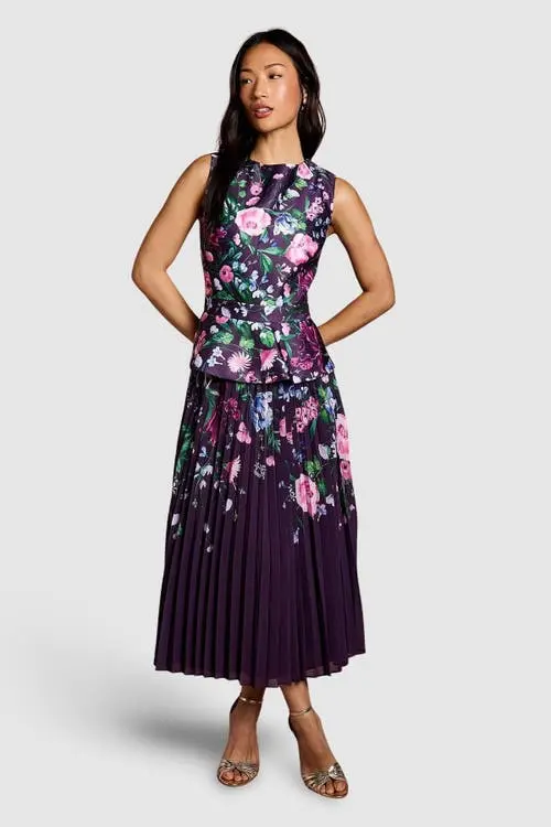 Coast Structured Print Pleated Midi Dress - Berry