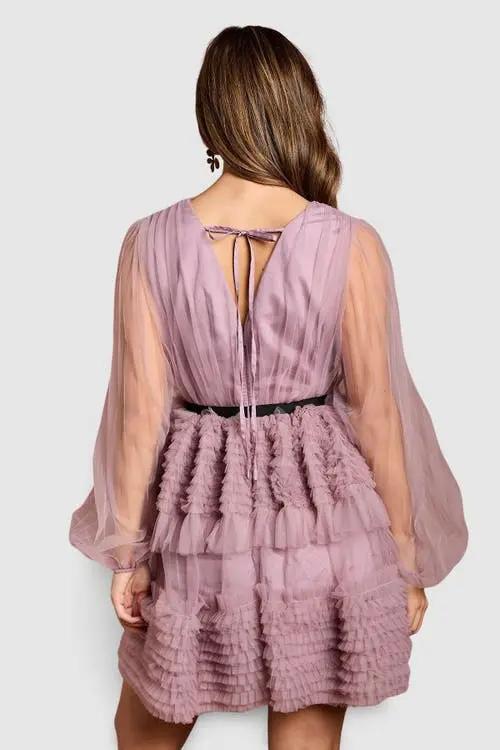 Coast Long Sleeve Mesh Wrap Tiered Mini Dress