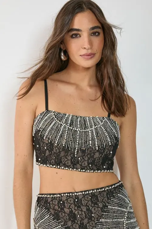 Nasty Gal Lace Strappy Sequin Crop Top - Black
