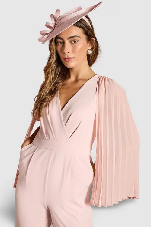 Coast V Neck Pleated Long Sleeve Jumpsuit - Blush