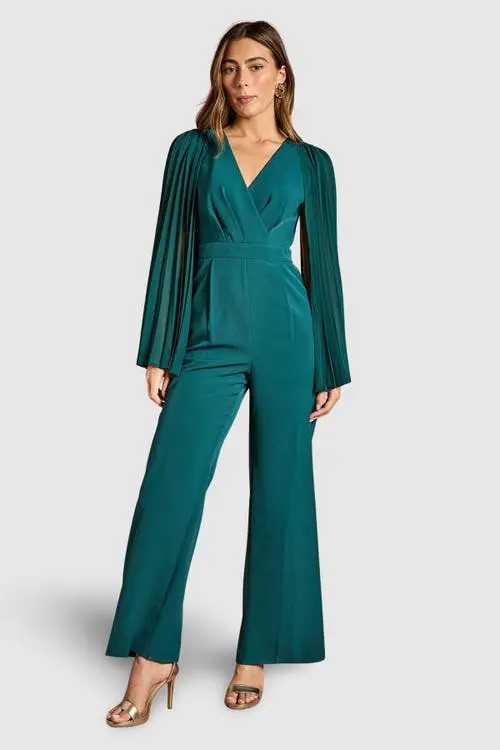 Coast V Neck Pleated Long Sleeve Jumpsuit - Emerald