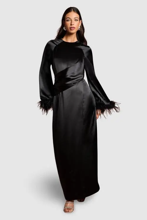 Coast Long Sleeve Feather Trim Satin Maxi Dress - Black