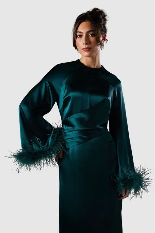 Coast Feather Trim Satin Maxi Dress - Green