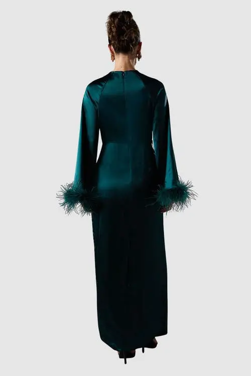 Coast Feather Trim Satin Maxi Dress - Green
