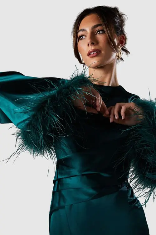green dress with feather trim Coast Long Sleeve Satin Maxi - emerald green prom dress