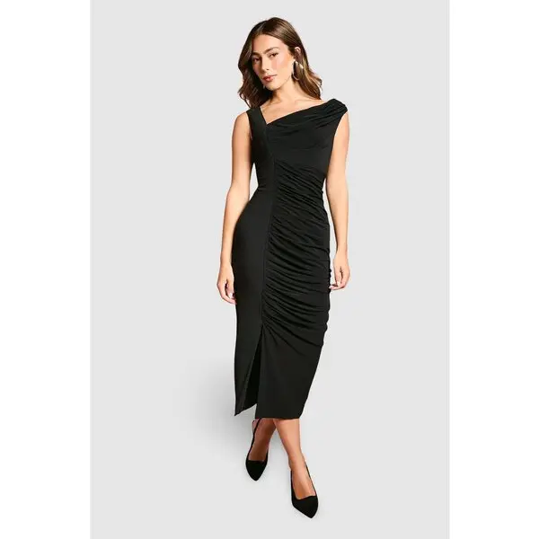Coast Strappy Ruched Pencil Midi Dress - Black