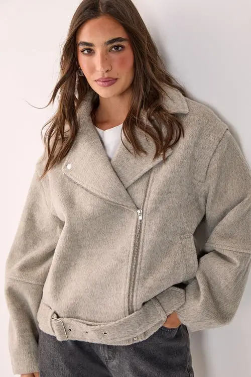 Nasty Gal Oversized Brushed Belted Biker Jacket