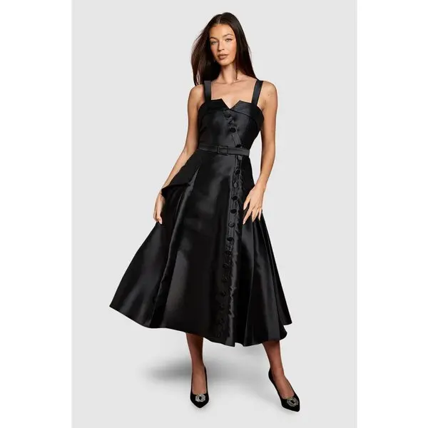 Coast Lisa Twill Volume Belted Midi Dress - Black