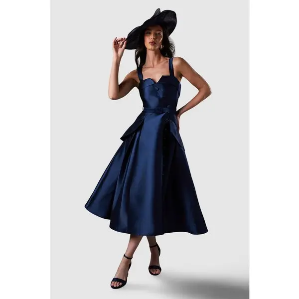 Coast Lisa Twill Volume Belted Midi Dress - Navy