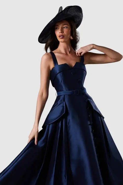 Coast Lisa Twill Volume Belted Midi Dress - Navy