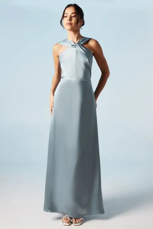 Coast Twisted Halterneck Satin Maxi Dress - Dusty Blue