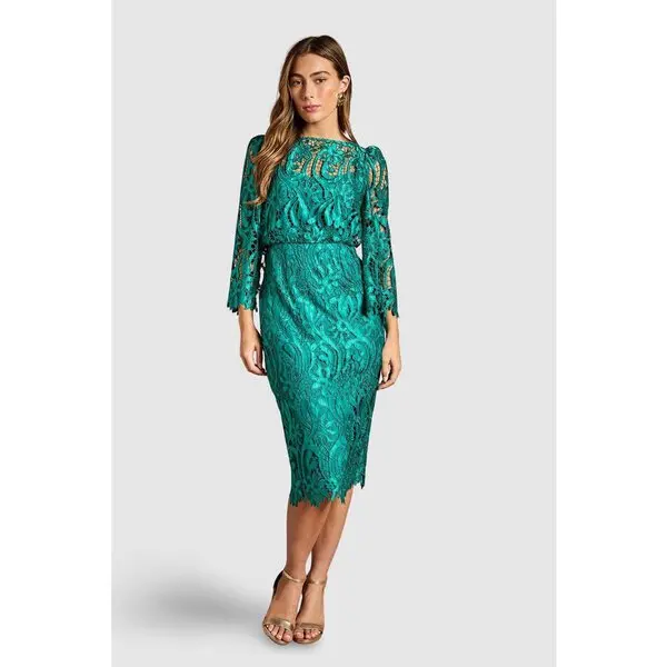 Coast Satin Lace Boat Neck Midi Dress - Emerald