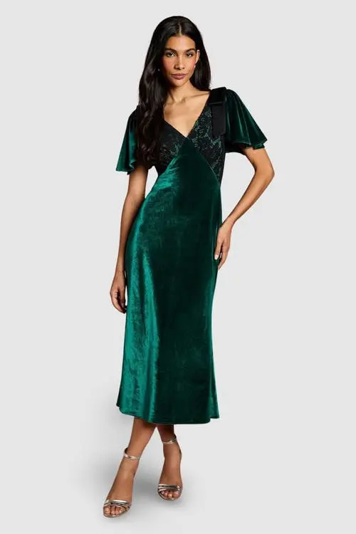 Coast Velvet Lace Mix Short Sleeve Midi Dress - Emerald