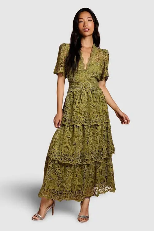 Coast Short Sleeve Tiered Lace Midi Dress - Olive