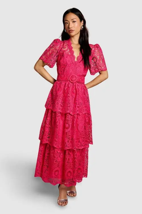 Coast Short Sleeve Tiered Lace Midi Dress - Raspberry