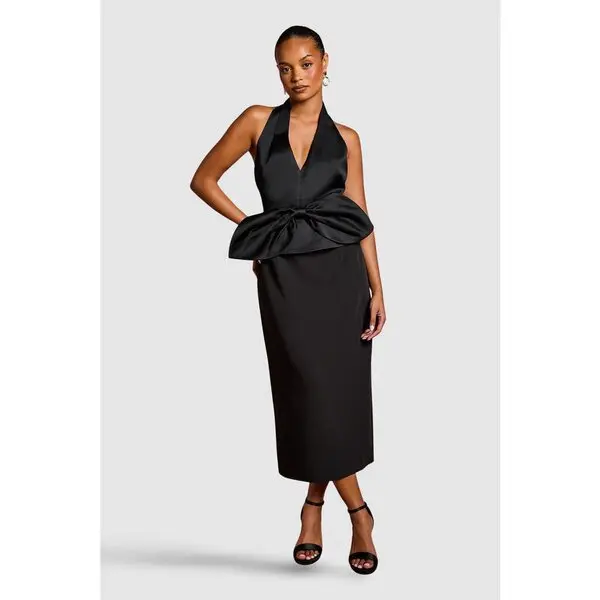 Coast Petite Halter Satin Column Midi Dress - Black