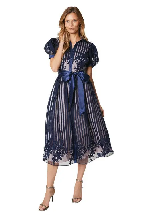 Coast Stripe Organza Puff Sleeve Shirt Dress - Navy
