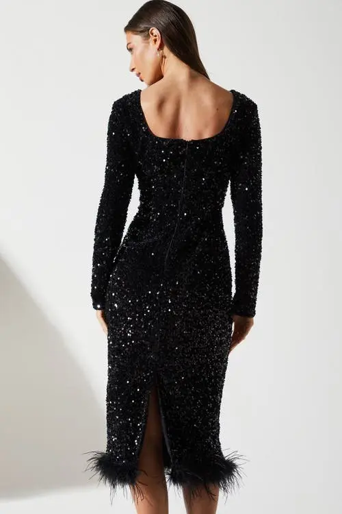Coast Sequin Feather Hem Party Midi Dress