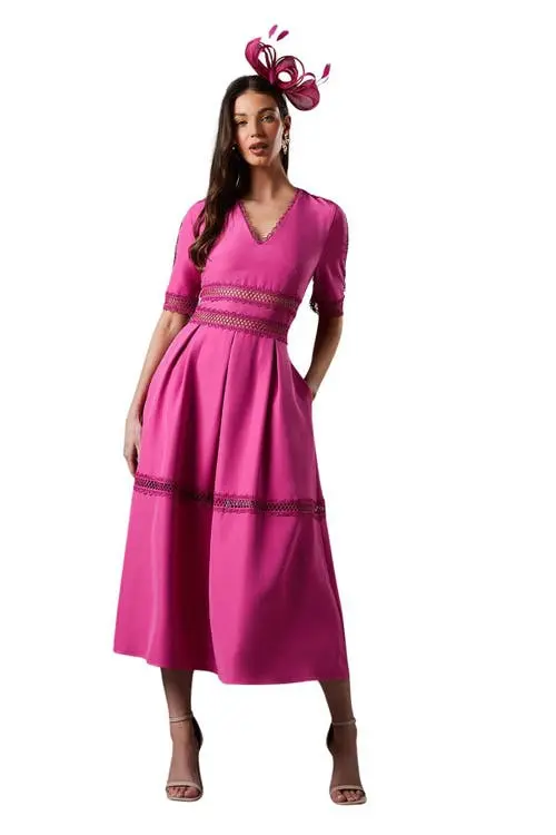 Coast Crochet Insert V-neck Midi Dress - Pink