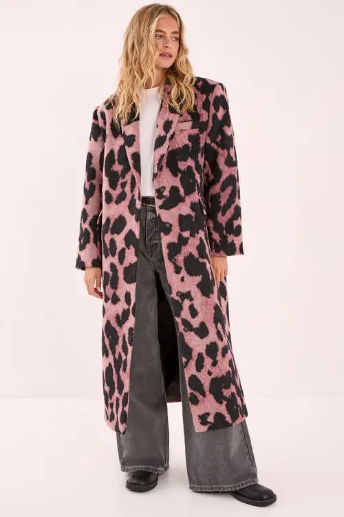 Nasty Gal Leopard Wool Blend Tailored Coat - Pink