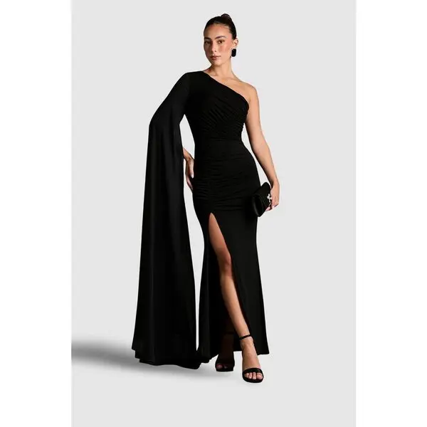Coast One Shoulder Ruched Maxi Dress With Cape Effect - Black