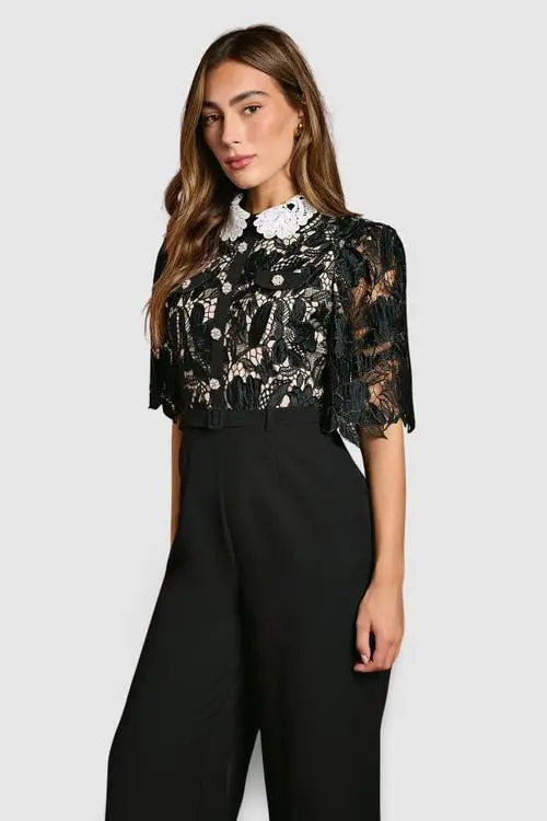 Coast Lace Shirt Short Sleeve Jumpsuit - Mono