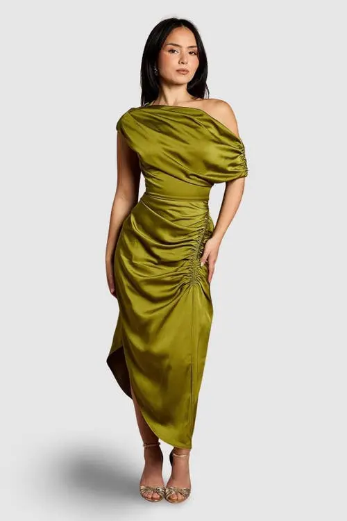 Coast Petite Satin One Shoulder Midi Dress - Olive