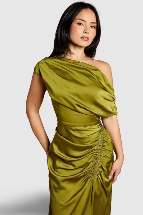 Coast Petite Satin One Shoulder Midi Dress - Olive