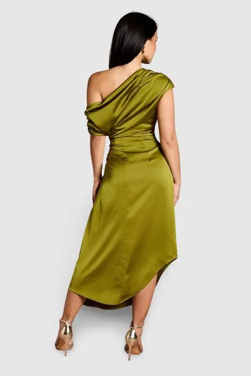 Coast Petite Satin One Shoulder Midi Dress - Olive