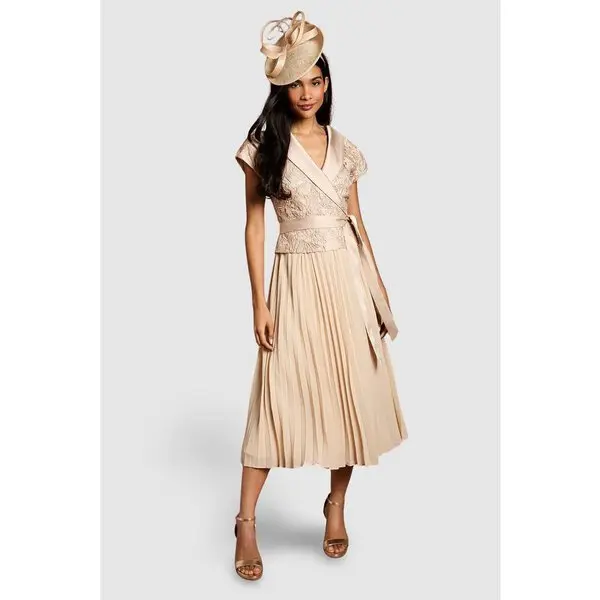 Coast Lace Wrap Top Pleat Tux Midi Dress - Champagne
