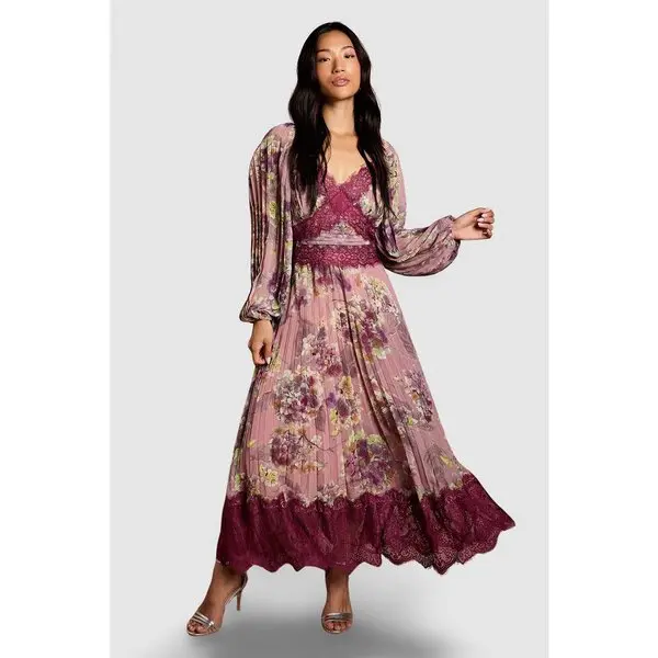 Coast Floral Pleated Lace Trim Midi Dress - Pink