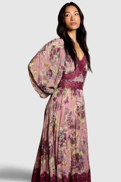 Coast Floral Pleated Lace Trim Midi Dress