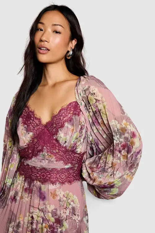 Coast Floral Pleated Lace Trim Midi Dress