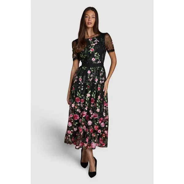 Coast Lace Trimmed Embroidered Mesh Midi Dress - Black