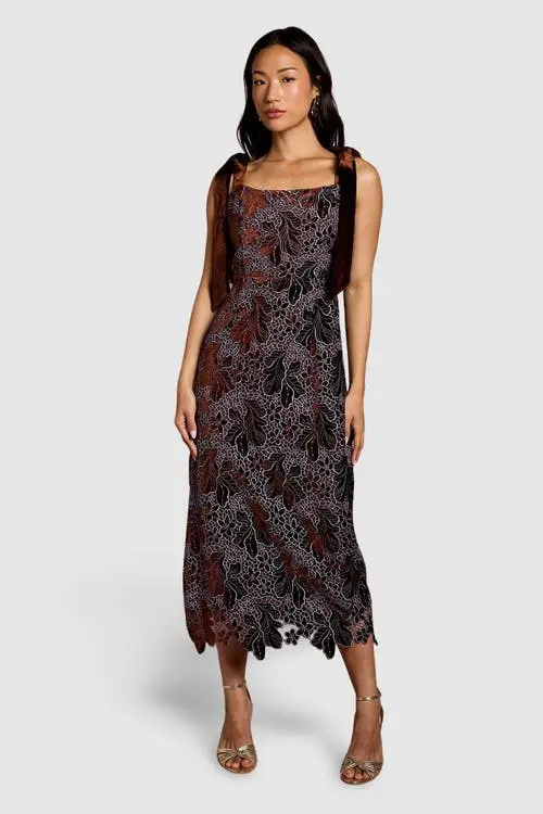 Coast Velvet Lace Tie Shoulder Midi Dress - Toffee