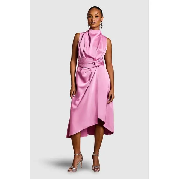 Coast Petite Satin Twist Waist Midi Dress - Pink