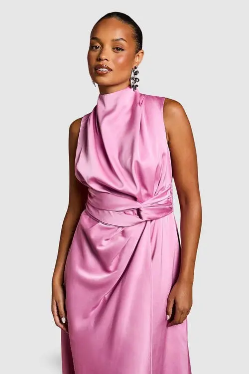 Coast Petite Satin Twist Waist Midi Dress