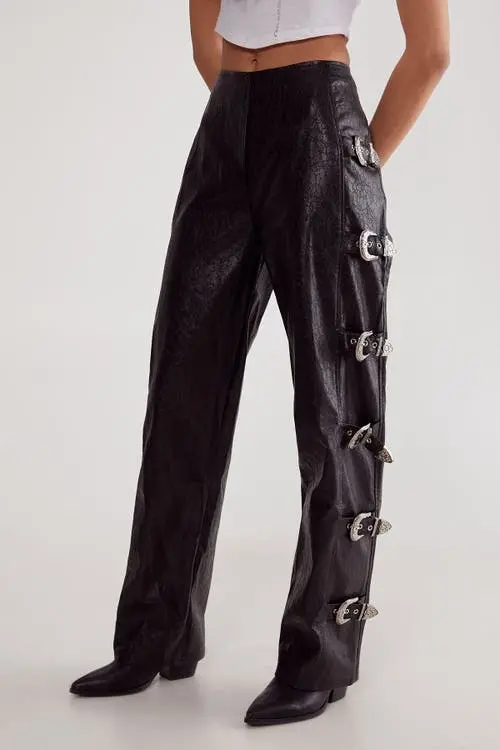 Nasty Gal Faux Leather Buckle Detail Wide-leg Pants - Black