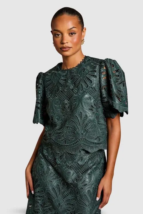 Coast Petite Embroidered Lace Short Sleeve Top - Emerald