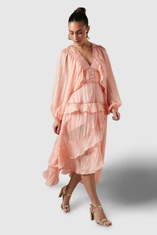 Coast Blouson Sleeve Frill Midi Dress - Apricot