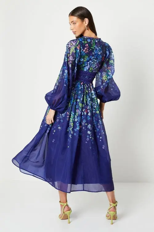 Coast Organza Floral Lace Trim Midaxi Dress - Navy