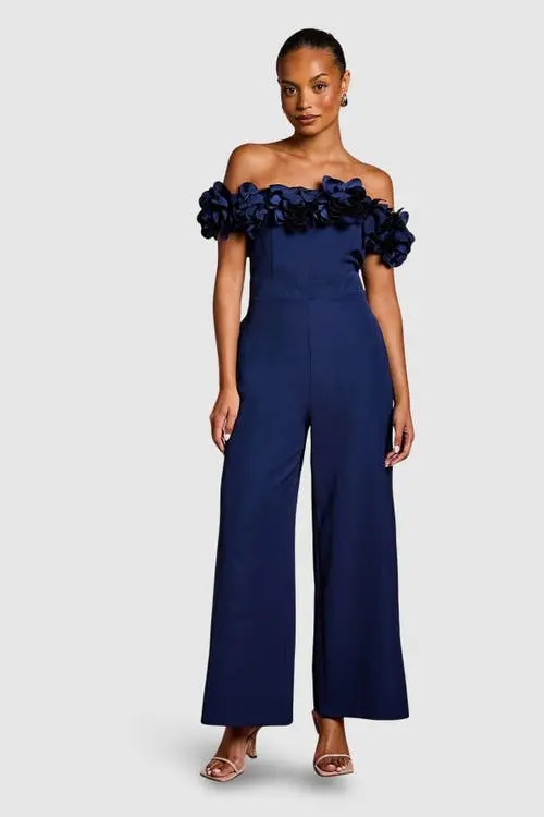 Coast Petite 3d Flower Bardot Wide Leg Jumpsuit - Navy