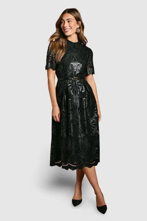Coast Pu Lace Belted Midi Dress - Black