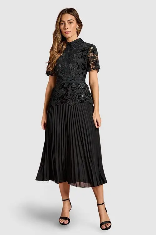 Coast Velvet Lace Collared Midi Dress - Black