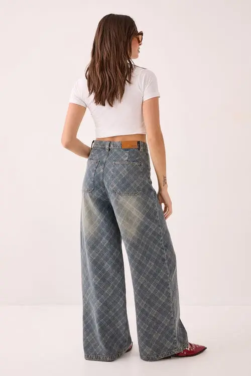 Nasty Gal Check Denim Distressed Straight Leg Jeans