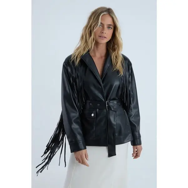 Nasty Gal Fringe Faux Leather Belted Jacket - Black