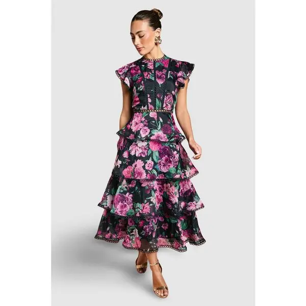 Coast Lace Trim Tiered Organza Midi Dress - Navy