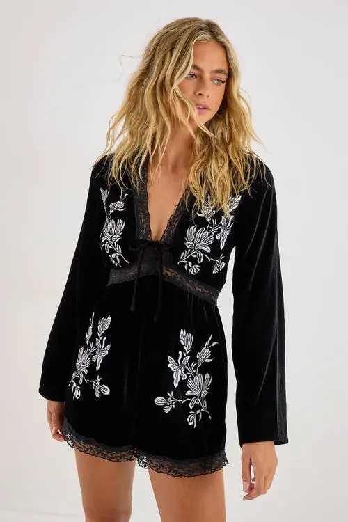 Nasty Gal Velvet Embroidered Lace Trim Romper - Black