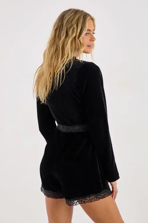 Nasty Gal Velvet Embroidered Lace Trim Romper